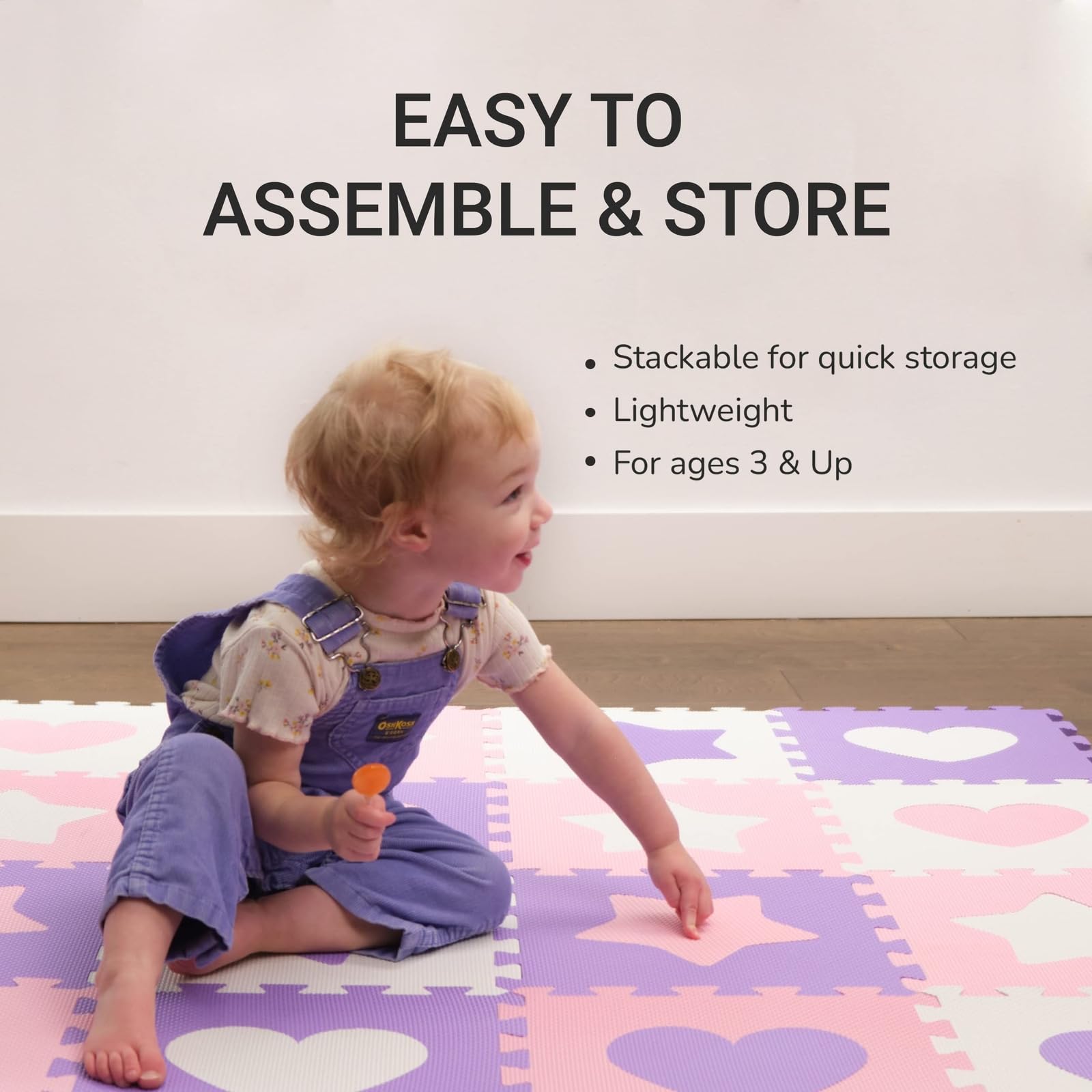Tadpoles Hearts and Stars Foam Playmats for Kids, 16 Interlocking Foam Tiles, Waterproof, Durable, and Long-lasting | Total Floor Coverage 50β x 50β | For Ages 3 and Up | Pink, Purple, and White