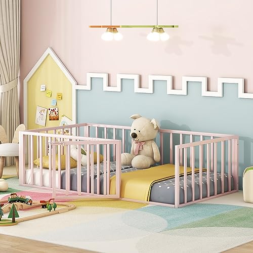 DNYN Twin Size Metal Floor Bed Frame with Door for Kids Bedroom,Metal Struture Bedframe w/Fence,No Box Spring Needed,77" x 41.1"x 21.7"H, Pink