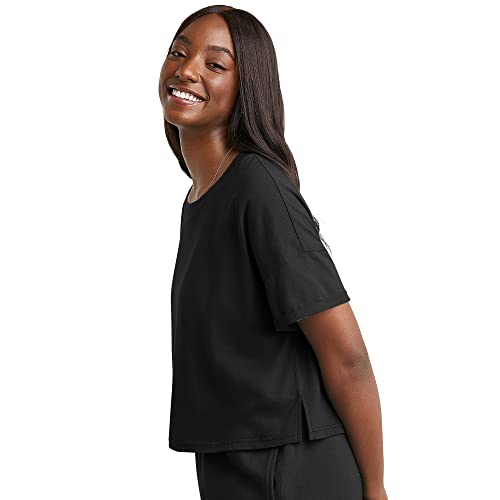 Hanes Women's Originals Boxy T-Shirt with Rolled Sleeves, 100% Cotton Crop Top, Black