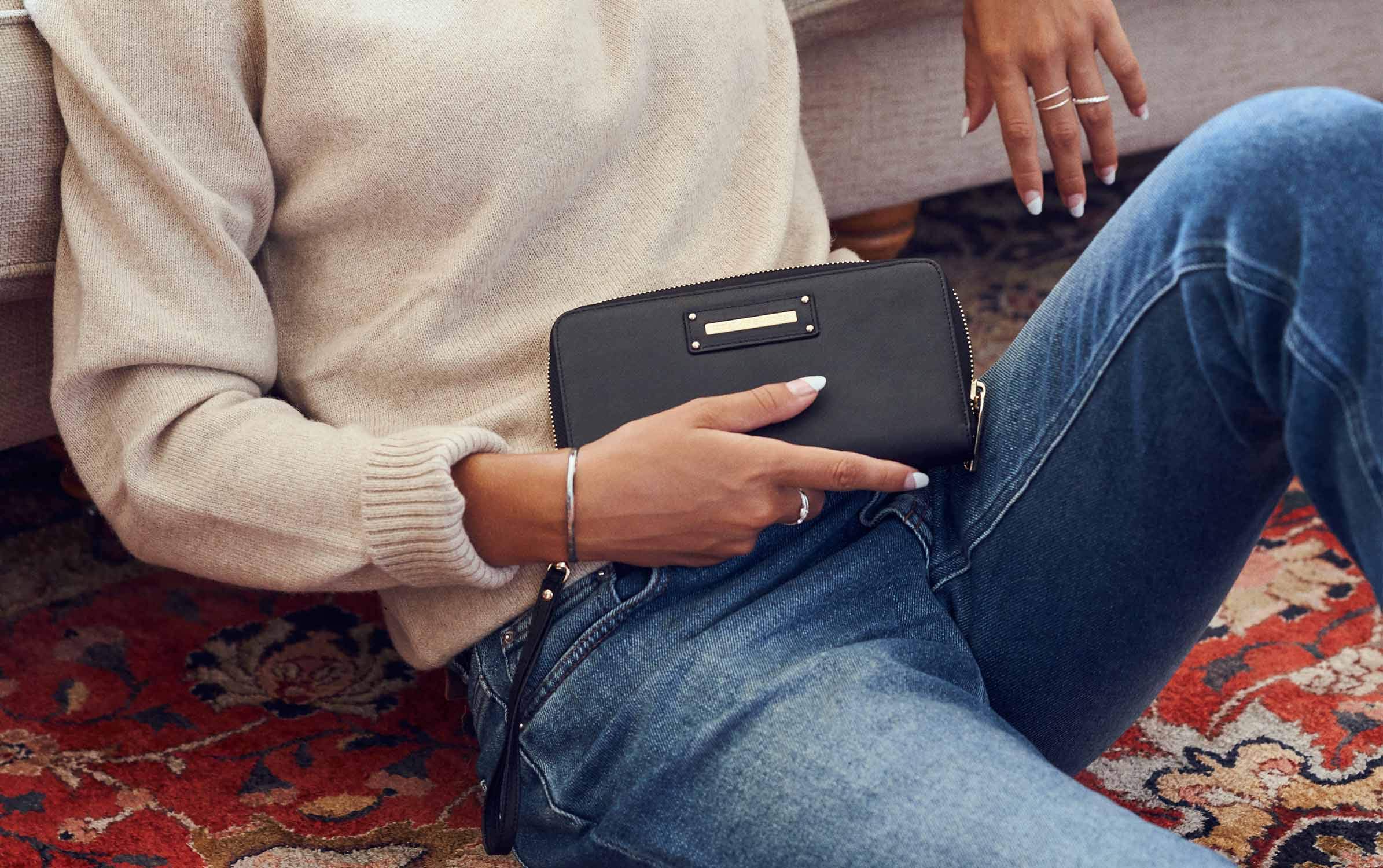 iDeal Of Sweden Chelsea Wristlet Wallet with Cellphone Pocket Clutch (Vegan Leather) (Saffiano Black)