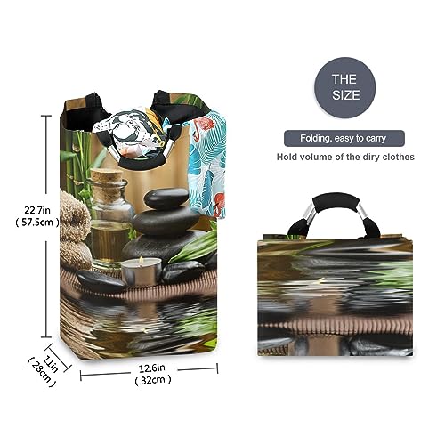 Flradish Zen Basalt Stones on Wood Large Laundry Hamper Collapsible Waterproof Freestanding Laundry Basket with Handles for Laundry Living Room,Bathroom