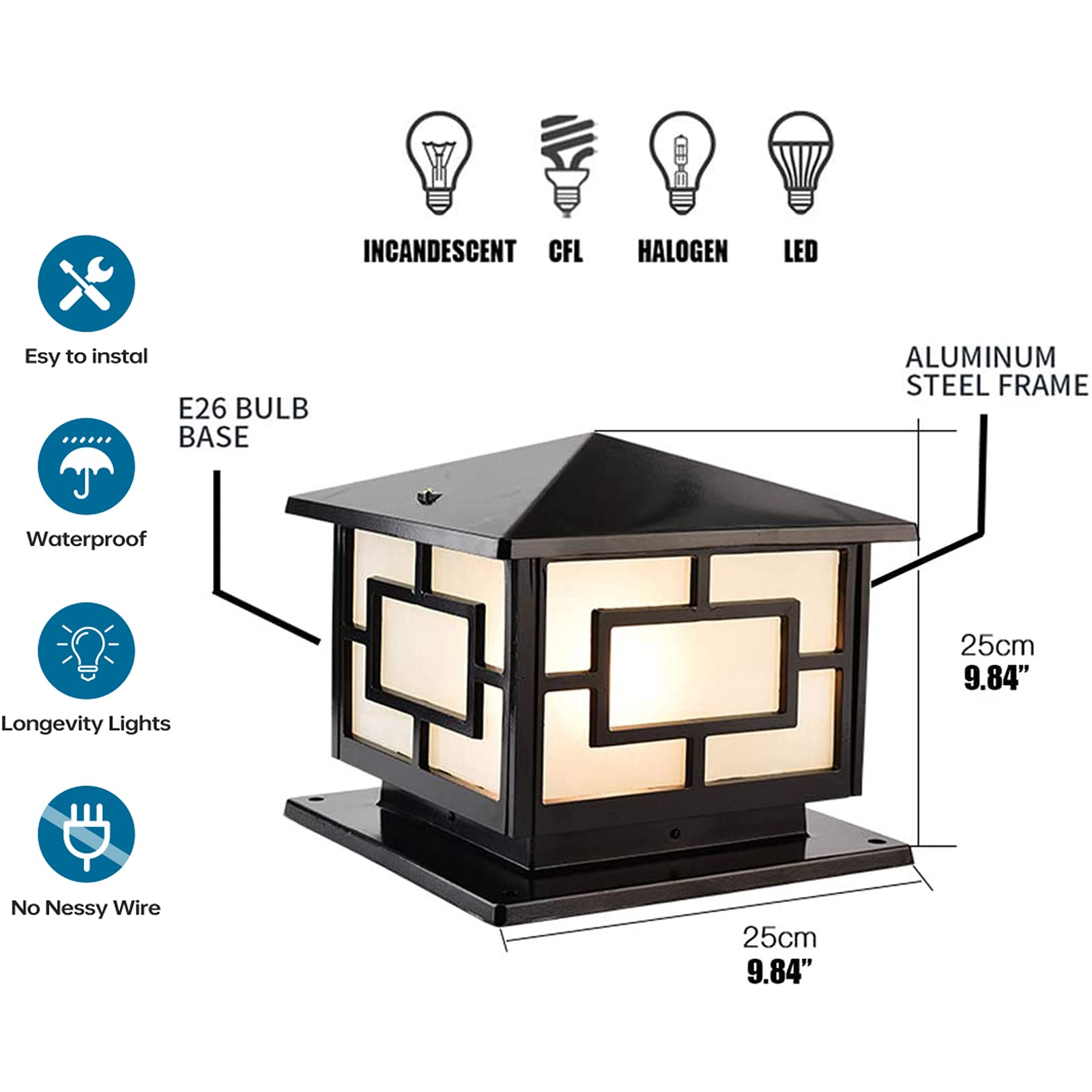 PTOUG Outdoor Column Lights, Pillar Lights Fixture E26 Aluminum Exterior Column Lamp Waterproof Glass Post Lights Modern Square Pillar Lamp for House Garden Backyard