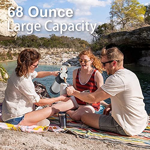 Debo Thermos with Handle Hidden Strap Portable 68 Ounce Coffee Thermos Double Wall Vacuum Insulation BPA-FreeThermos for Hot Drinks Keep Hot&Cold For Up to 24 Hours Thermoses for Hot Coffee, Silver