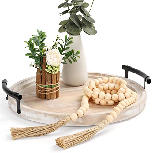 Round Wood Tray/w Wood Bead Garland - 13" Decorative Trays for Home Decor - Round Wooden Tray with Handles - Wooden Round Tray for Kitchen Counter.