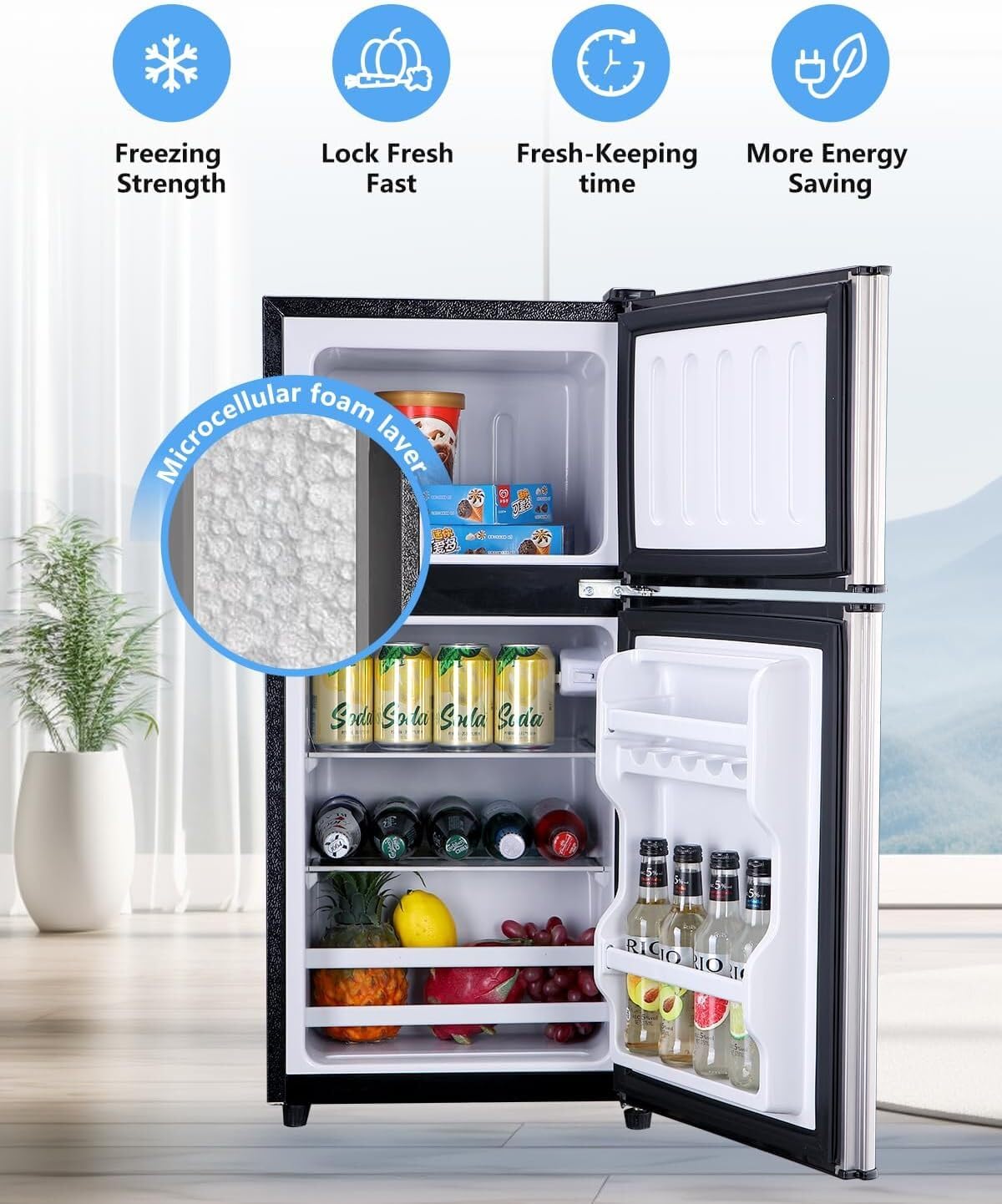 Geekman 3.5 Cu.Ft Mini Fridge with Freezer, Double Door Mini Fridger with 7 Level Adjustable Thermostat, Mini Refrigerator with interior LED light, Perfect for Dorm, Office, Bedroom&RV, Silver