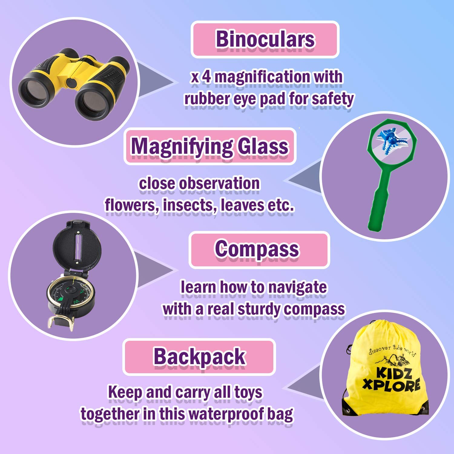 Kidz Xplore Outdoor Explorer Set - Bug Catching Kit Nature Exploration Children Outdoor Games Mini Binoculars Kids, Compass, Whistle, Magnifying Glass, Adventure, Hunting, Hiking Educational Toy