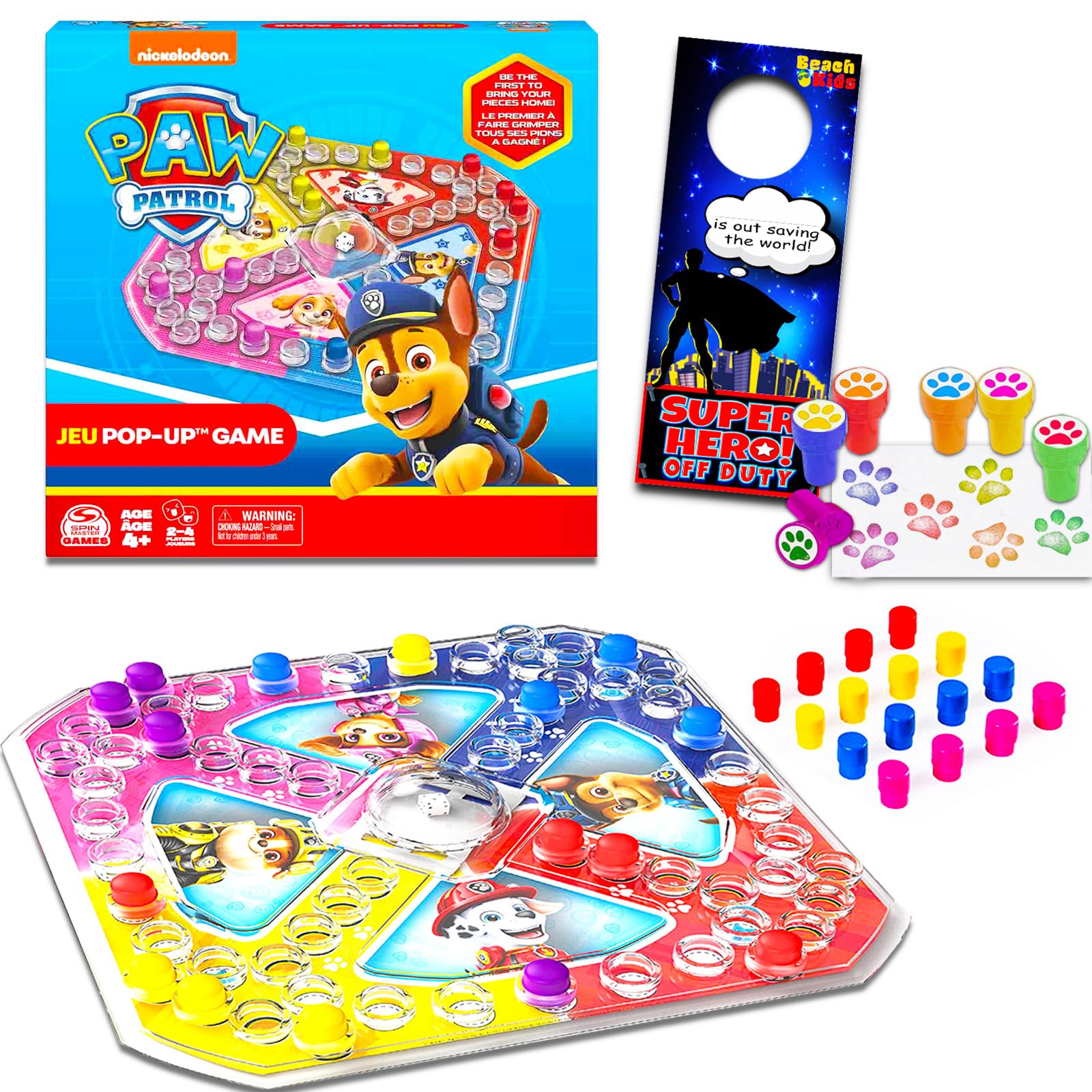 Nick Jr Paw Patrol Pop Up Game - 4 Pack Bundle with Nickelodeon Paw Patrol Board Game for Kids with Pop Up Dice, Stickers, and Stampers (Paw Patrol Party Favors)