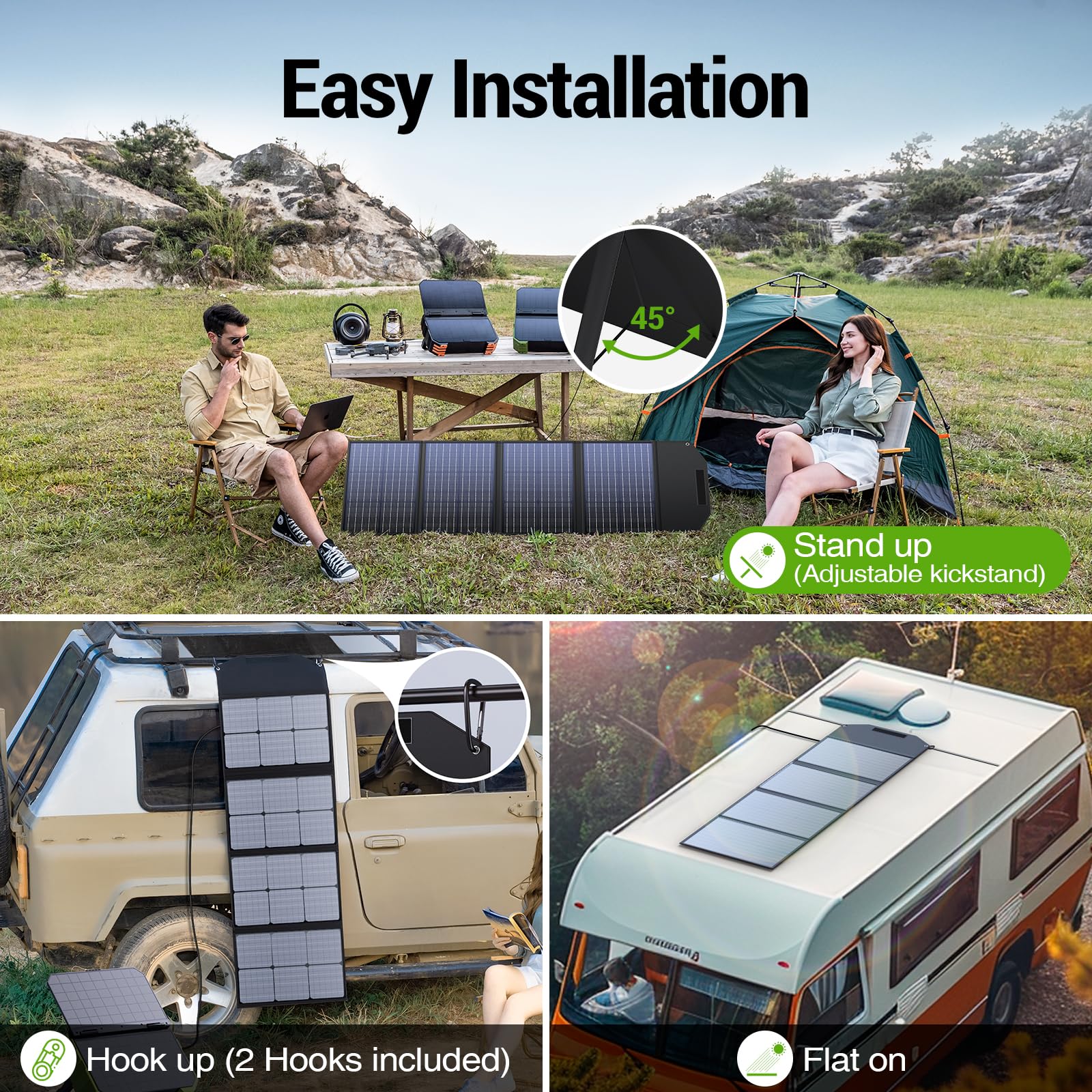 BROWEY 120Watt Portable Solar Panel for Power Station, IP68 Waterproof Solar Charger with Adjustable Stand Foldable for Outdoor RV Camping Van Off-Grid Solar Backup