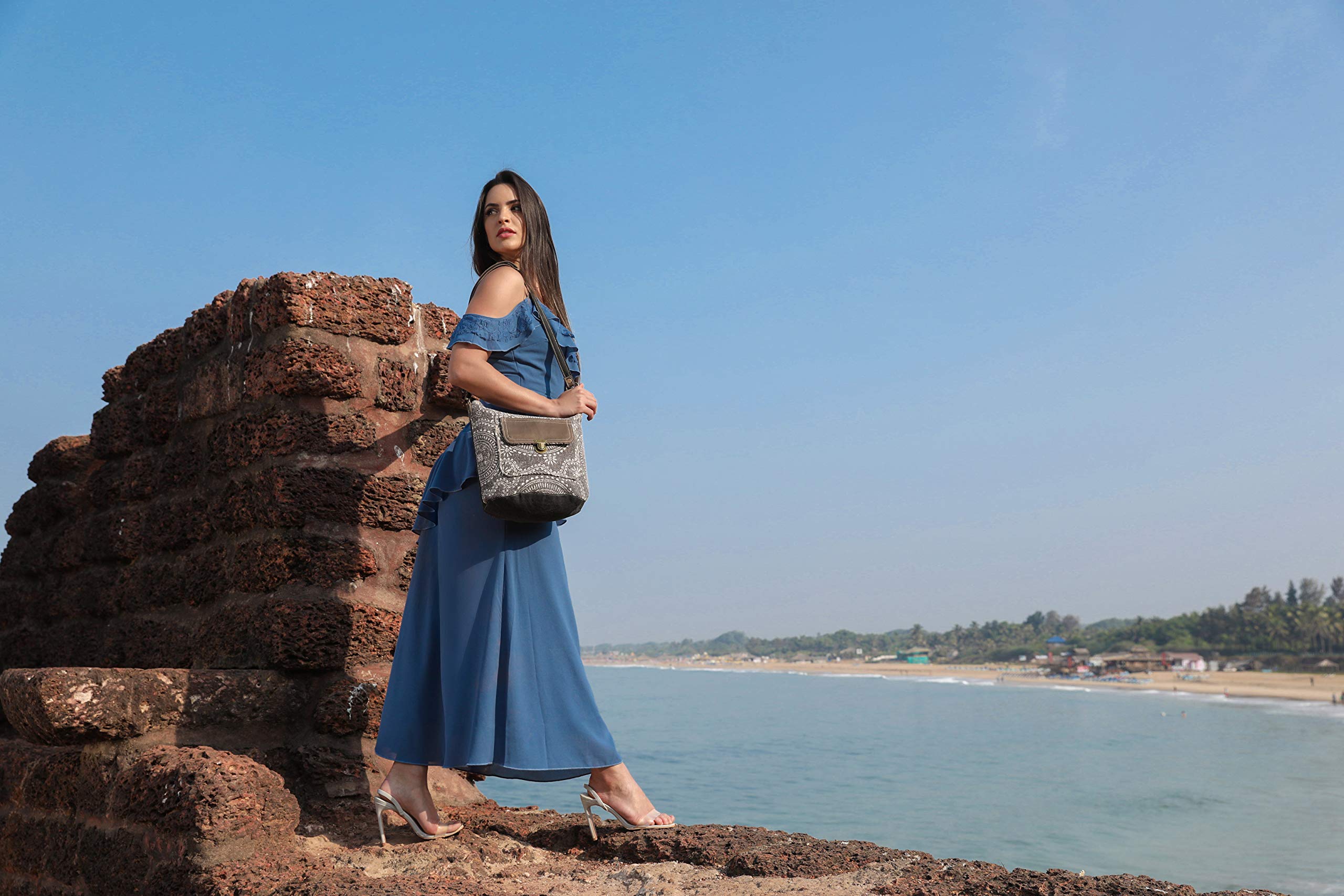Myra Bag Indigo Upcycled Canvas & Leather Shoulder Bag S-1451