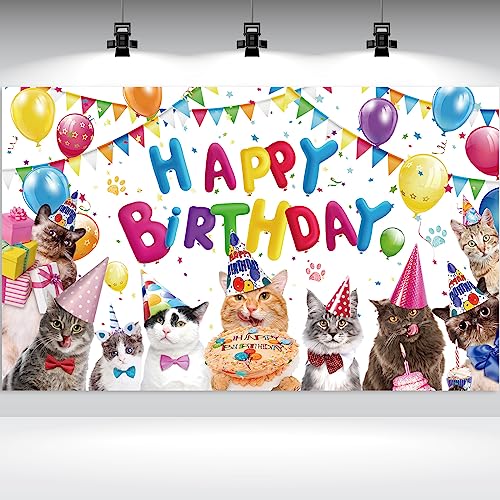 Dog Cat Happy Birthday Backdrop Banner Puppy Photography Background Banner Cartoon Cat Photo Backdrop Birthday Party Decorations for Dog Cat Owner Birthday Party Pet Party Supplies (Cat)