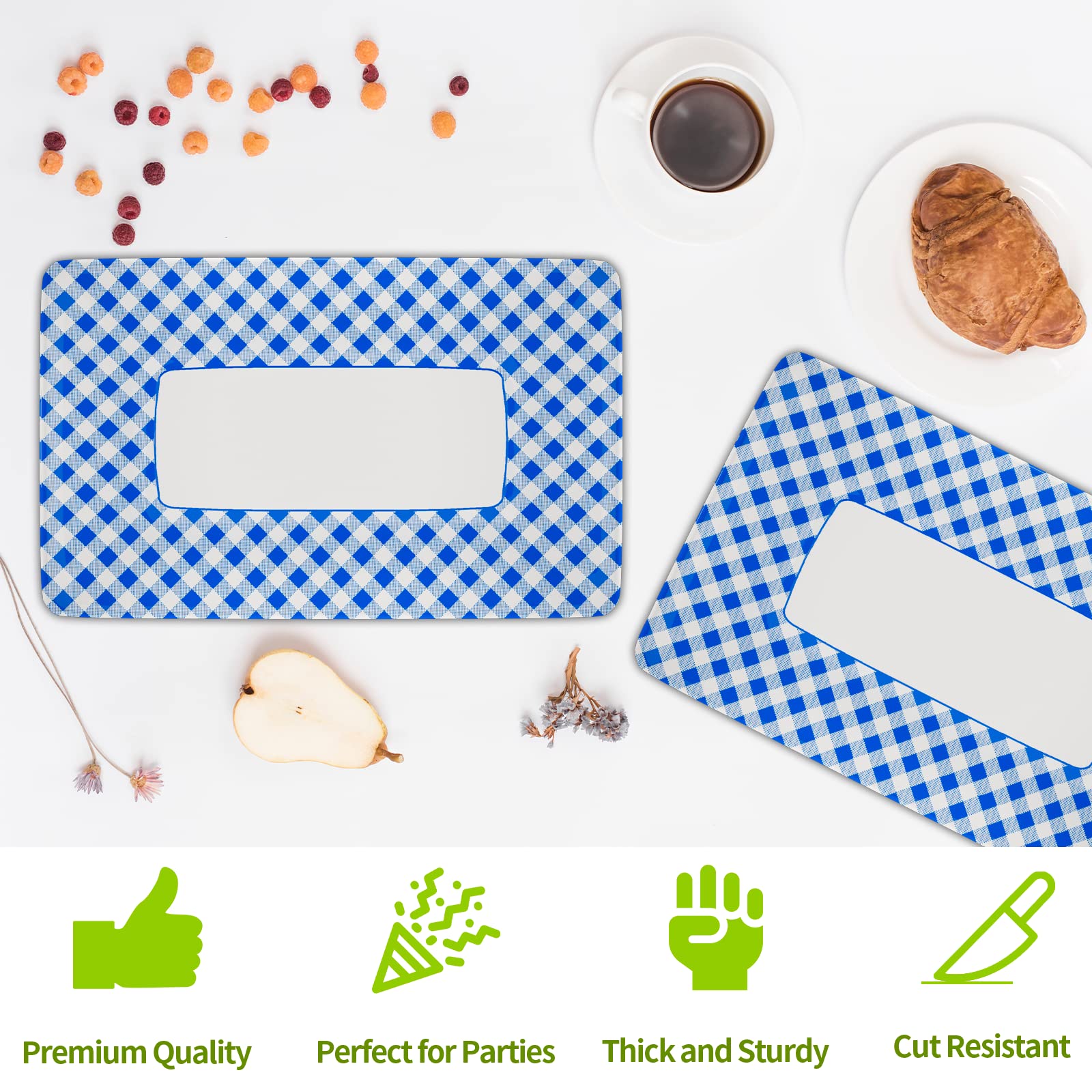 DYLIVeS Blue and White Buffalo Plaid Plates, 9.1 x 5.7 Inch Blue Checkered Disposable Paper Food Trays for Dessert Appetizers Snack Hotdog Rectangular Platters for Picnic, Graduation Party, 50 Pcs