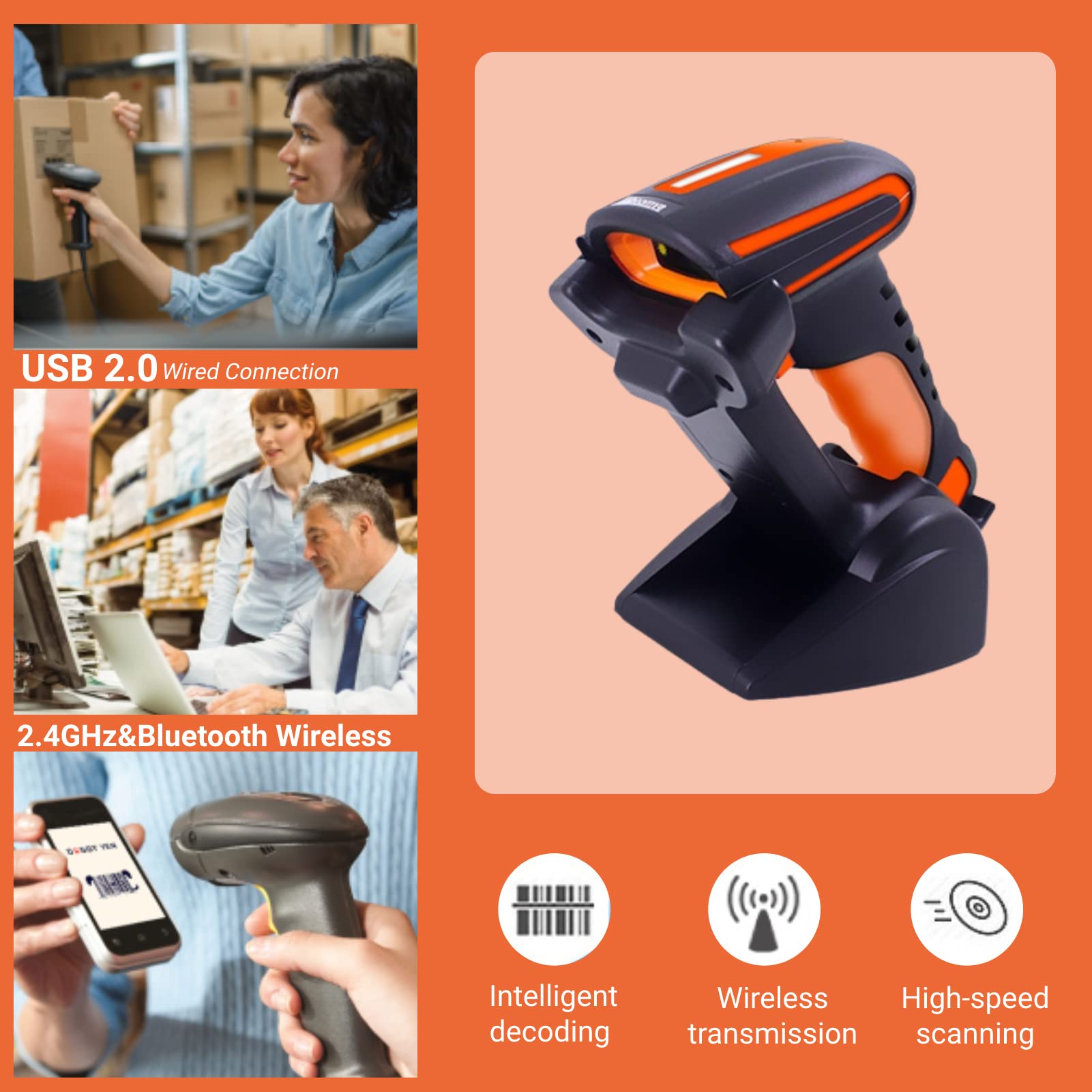 Wireless Barcode Scanner, 2020DB 2.4GHz Wireless Wired 3 Modes Handheld 1D 2D Bar Code Reader IP67 Waterproof with 2 Prompt Modes, for Supermarket Retail Warehouse