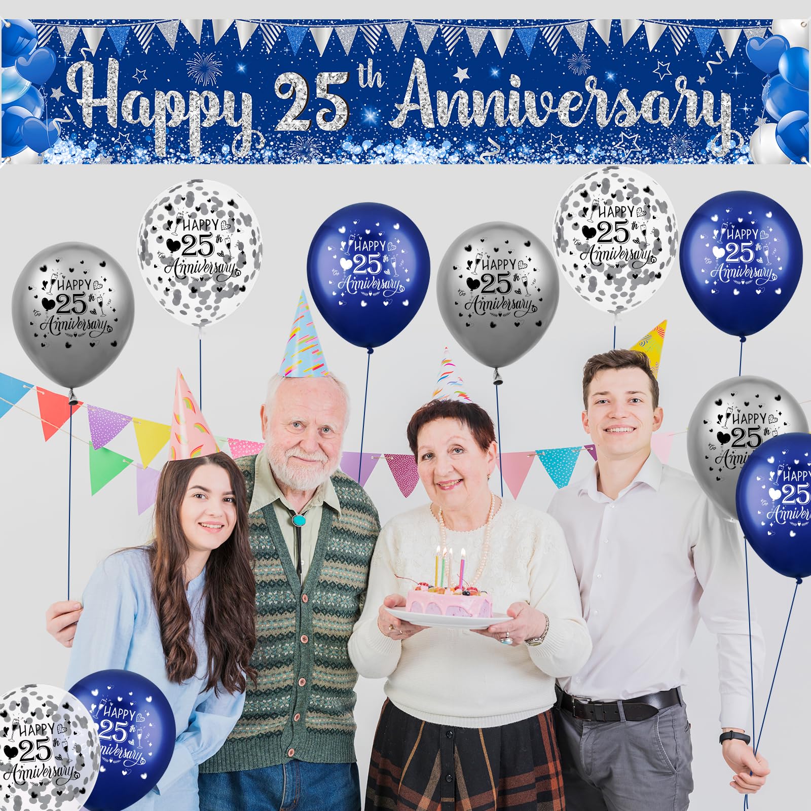 Blue Silver 25th Anniversary Decorations for Men Women, Blue Silver Happy 25th Anniversary Banner 18pcs Navy Blue 25th Anniversary Balloons for 25th Silver Wedding Anniversary Decoration Supplies