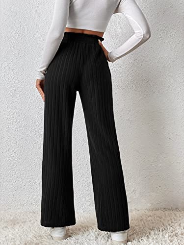 GORGLITTER Women's Solid High Waist Wide Leg Pant Elastic Ribbed Knit Palazzo Pants Trousers Black Medium