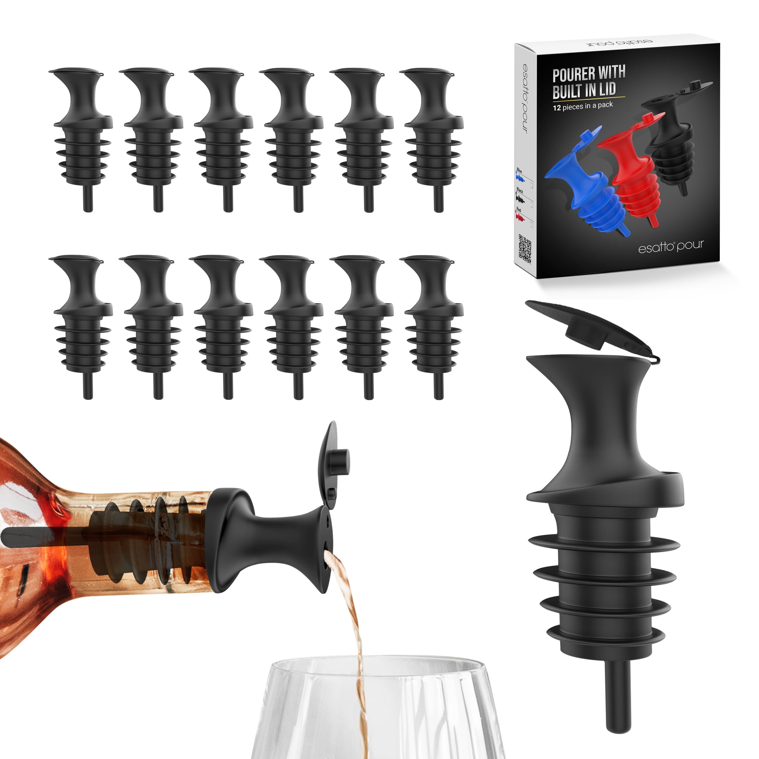 Esatto Pour and Seal, Plastic Bottle Pourers With Built In Lid ā Easy and Precise Pouring, Lid for Storing and Healthy Practices, Professional Bar Tool, Pack of 12 Pieces Wine Stopper Pourer (Black)
