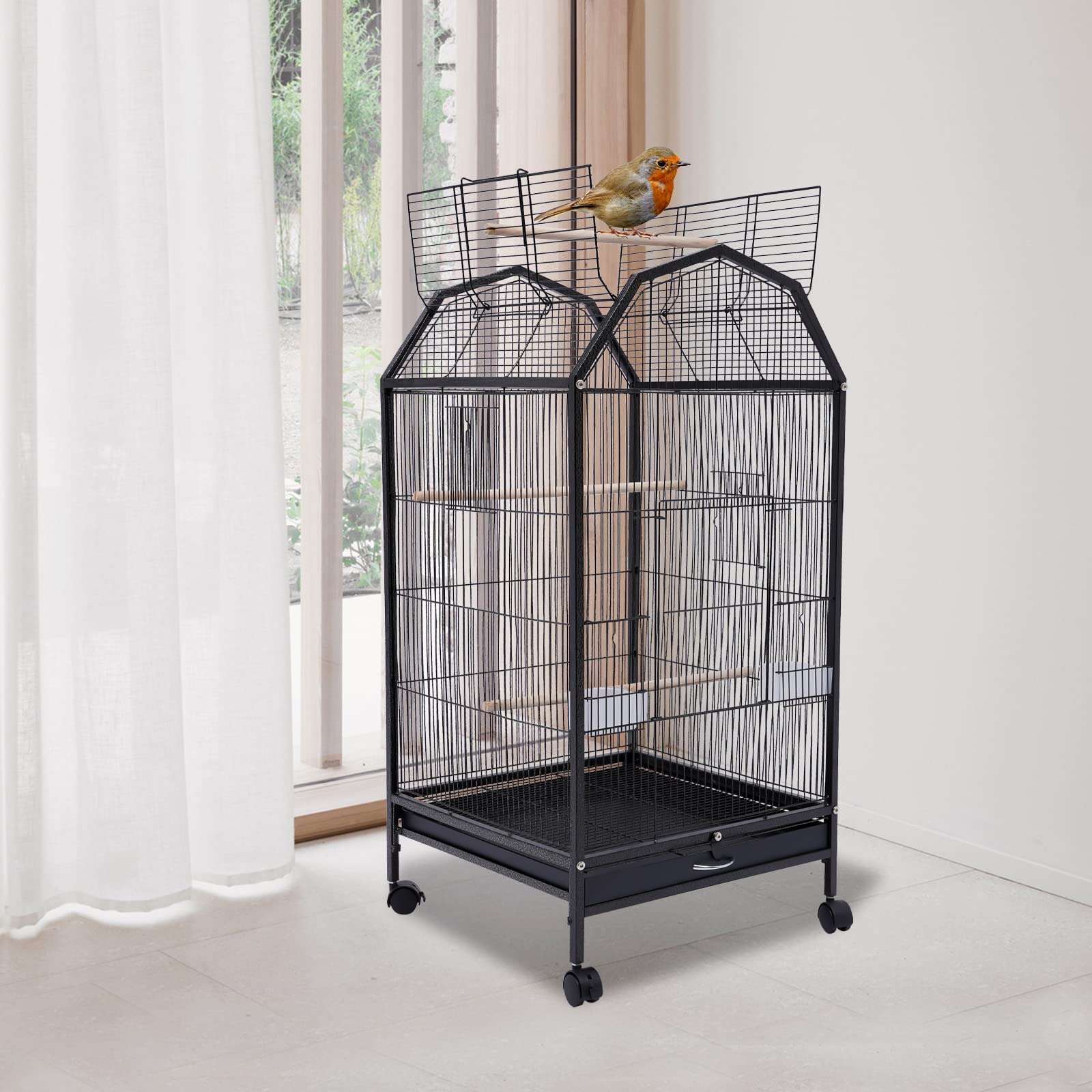 Bird Cage,Black Large Bird Cage with Rolling Stand,Large Pet Cage with Wheels,Cockatiel Parakeet Finch Parrot Birdcage 5 Door (17.9" L x 17.9" W x 39.9" H)