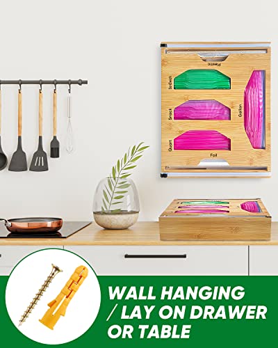 ONUEMP Ziplock Bag Storage Organizer for Kitchen Drawer, Aluminum Foil and Plastic Wrap Dispenser with Slide Cutter Fits 12" Roll, Bamboo Baggie Organizer Holder for Gallon, Quart, Sandwich and Snack