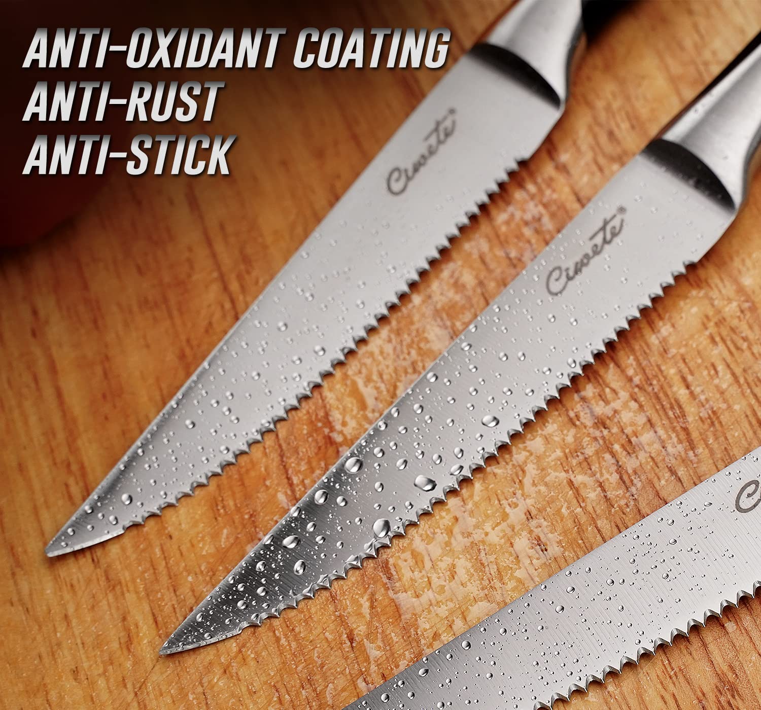 ciwete Serrated Steak Knives Set of 8, 4" Upgrade 3RC13 Stainless Steel Steak Knife Set, 8-Piece Sharp, Non-Stick & Rust-Resistant Dinner Knives, Black