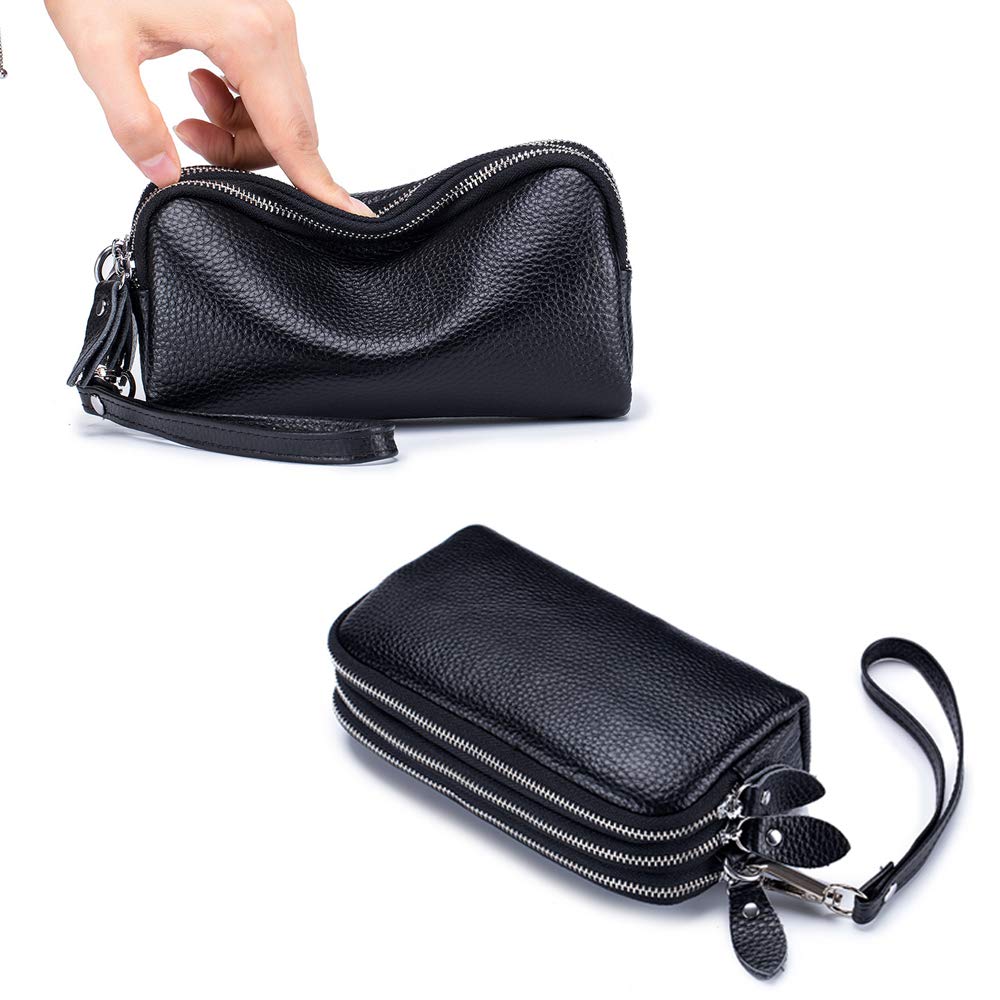 NIGEDU Women Long Wallet Genuine Leather 3-Layer Zipper Purse Bag Phone Bag Money Purses Clutch Wallets with Wrist Strap (Black)