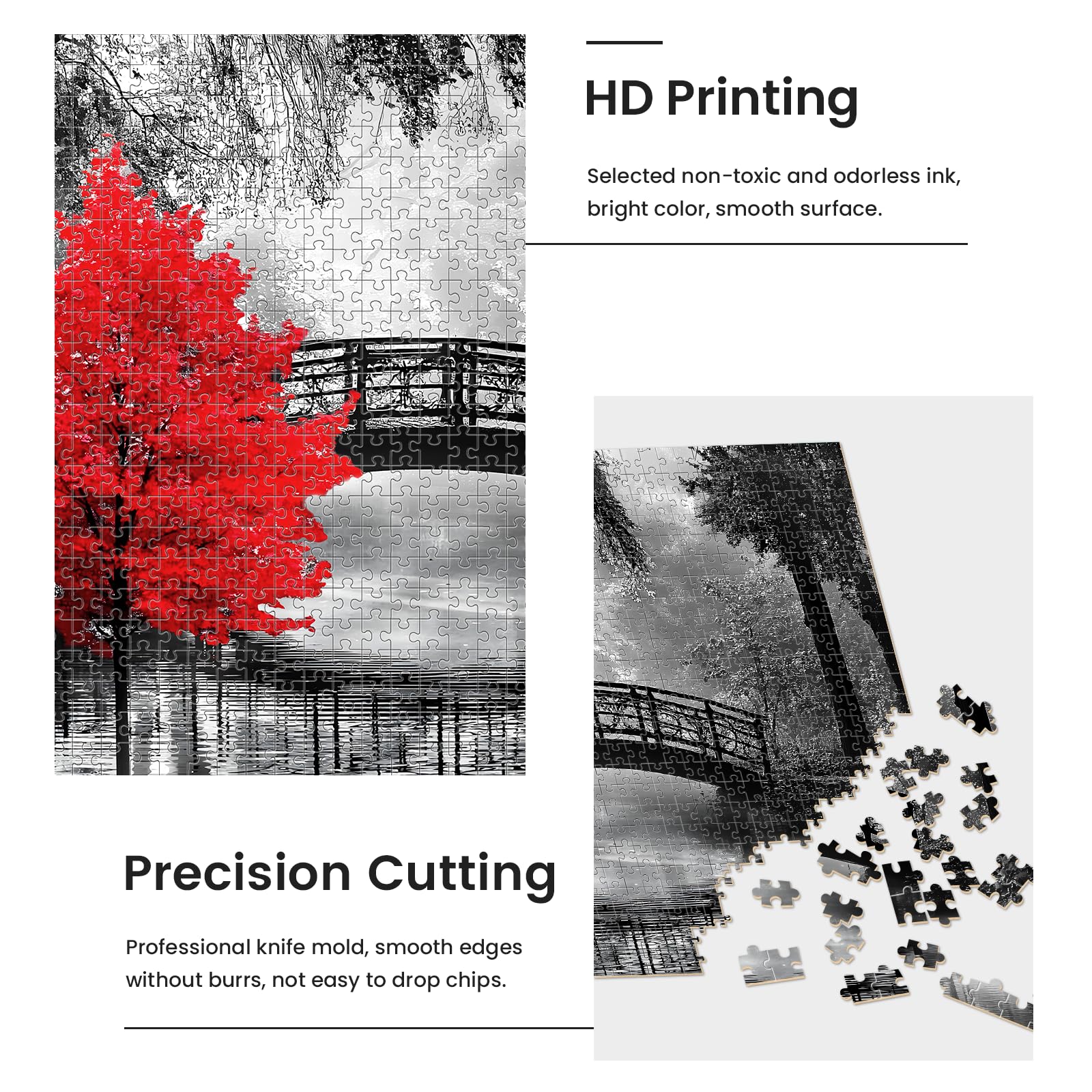 najiaxiaowu Adult Puzzle Classic Jigsaw Puzzle 1000 Pieces Wooden Puzzle DIY Black and White Bridge and Red Tree Modern Home Decor Intellectual Game Wall Art Unique Gift 75x50cm