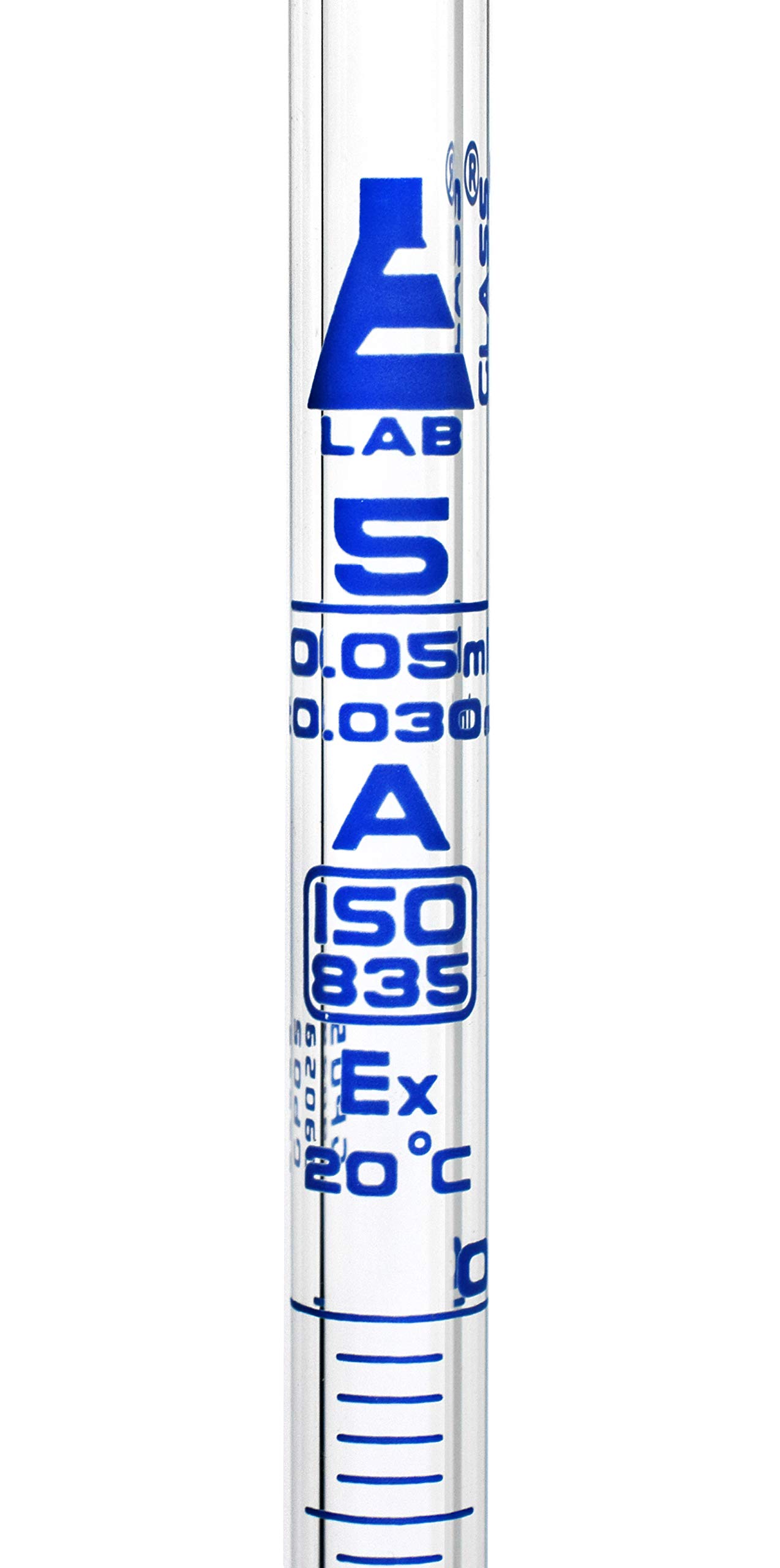EISCO Serological Pipette, 5ml - Class A, Tolerance ±0.030ml - Blue Graduations - Color Code, Red - Calibrated for Delivery to Jet - Borosilicate Glass