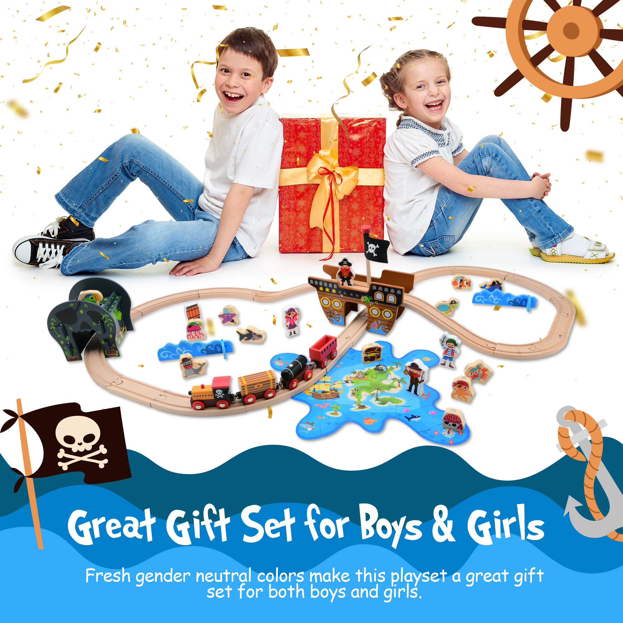 Pidoko Kids Pirate Theme Wooden Train Set - 72 Pcs - Includes Magnet Fishing Poles - Set compatible with all major brand tracks and trains