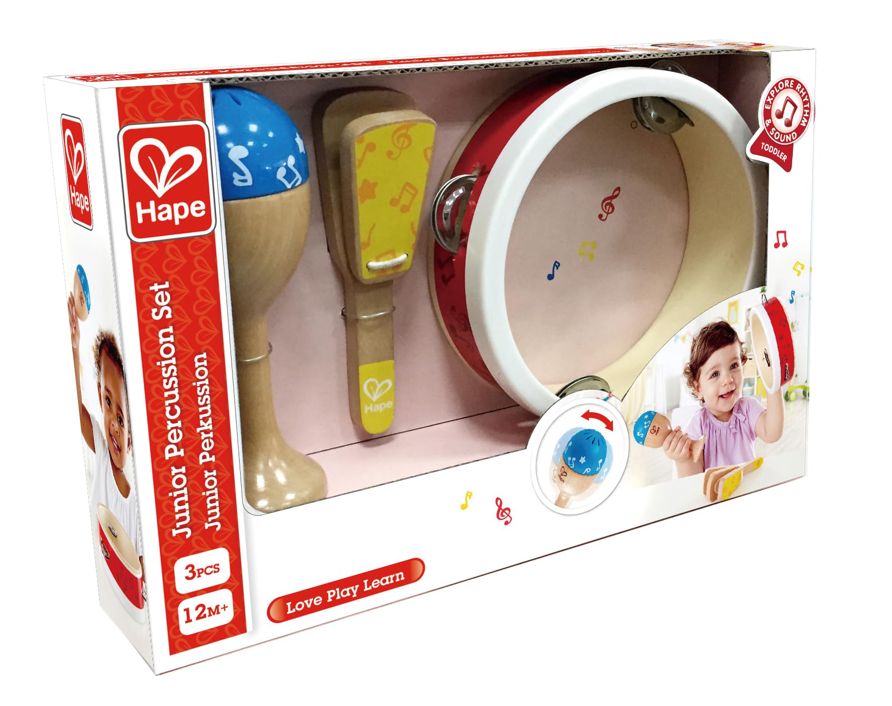 Hape Junior Percussion Set | 3 Piece Wooden Percussion Instrument Set for Toddlers, E0615