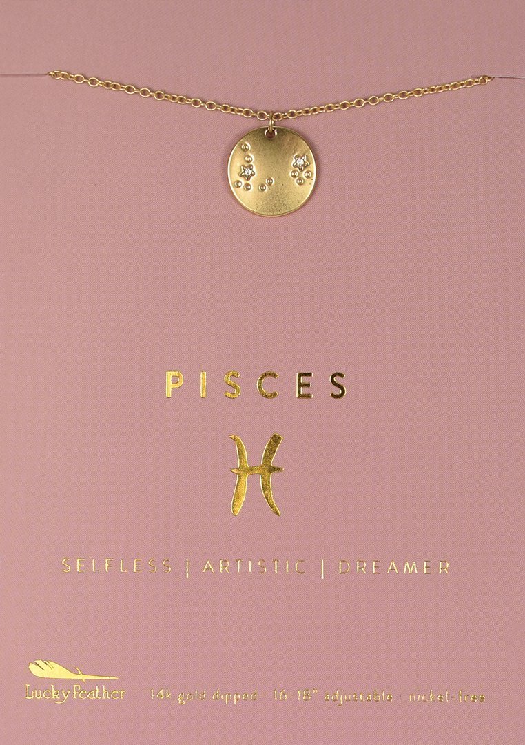 Lucky Feather Pisces Zodiac Sign Constellation Pendant Necklace for Women, 14K Gold-Dipped with Adjustable 16” – 18” Chain