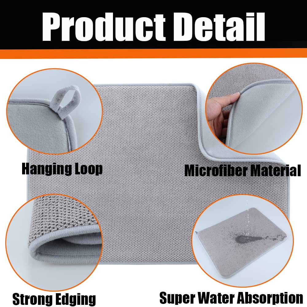 CIYSHO 2 Pack Dish Drying Mat for Kitchen Counter, 24 x 17 Inch Microfiber Dishes Drainer Mats, Large Absorbent Dish Drying Pad for Countertop (Grey)