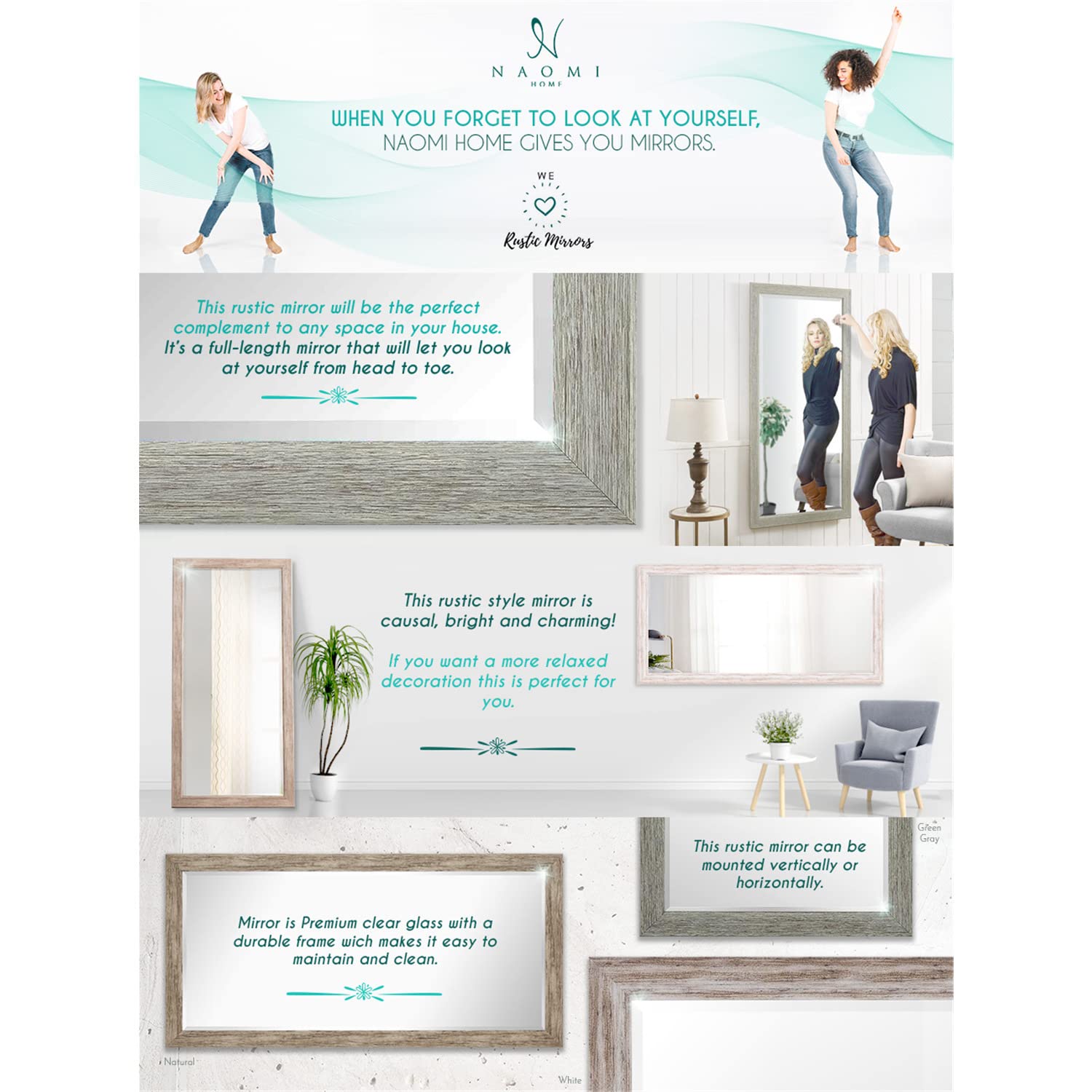 Naomi Home Farmhouse Full-Length Mirror with Wood Frame – Rustic 66"x32" Large Floor Mirror, Elegant Full Body Standing or Wall Mirror, Rustic Wood Mirror Full Length for Bedroom, Warm Grey Finish