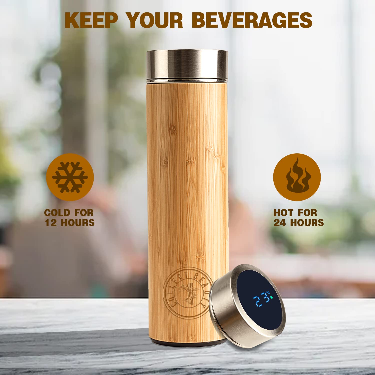 Bamboo Water Bottle with Tea Infuser Tumbler with LED Temperature Insulated Stainless Steel Thermos