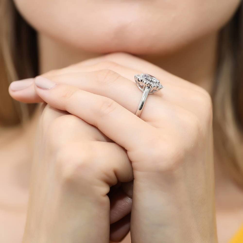 BERRICLE Sterling Silver Flower Wedding Engagement Rings Cubic Zirconia CZ Statement Halo Cocktail Ring for Women, Rhodium Plated Size 5
