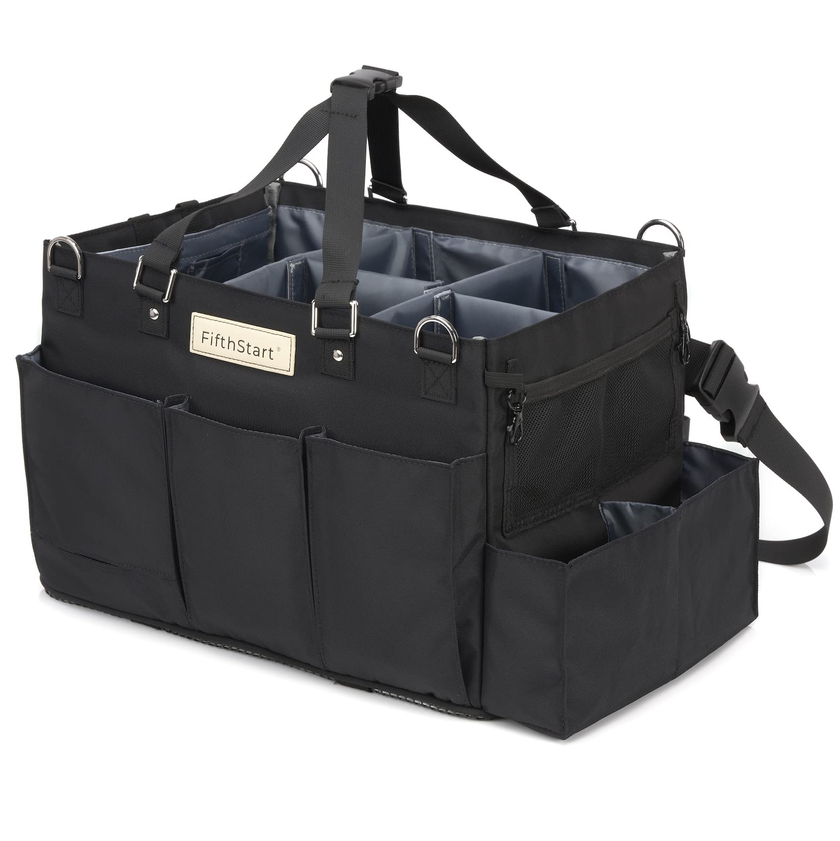 FifthStart Multiuse Cleaning Caddy with Waist & Shoulder Strap - Professional 9 Pockets Tote Bag for Housekeeping Diaper Gardening Fishing Beach Bathroom Organizer Adjustable Compartments, Black Large