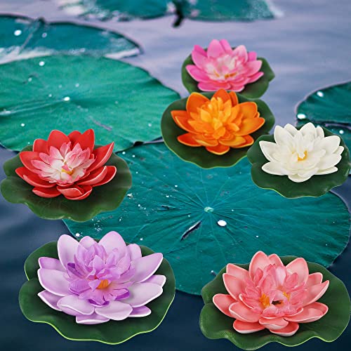 Happy Trees 12 Pcs Artificial Floating Foam Lotus Flower with Water Lily Pad, Lifelike Ornanment Perfect for Home Garden Pond Decoration