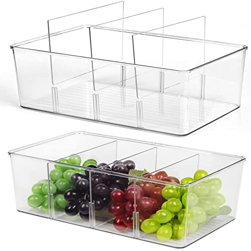 HANSGO Food Storage Organizer Bins, 2PCS Stackable Clear Plastic Organizer Bins with 6 Dividers Removable Pantry Organization and Storage Bins for Cereal Snacks Tea Seasoning