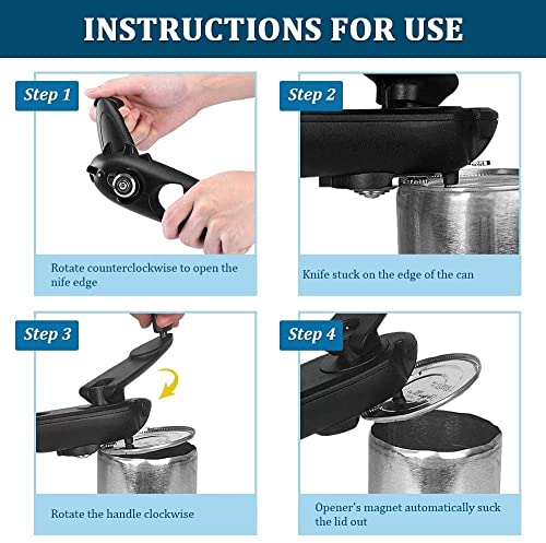 Can Opener Manual 8 in 1 Multifunctional Stainless Steel Bottle Opener with Smooth Edges Hand Held Kitchen Tool with Rotary Handle Gifts for Seniors Safe and Easy to Use （Black）