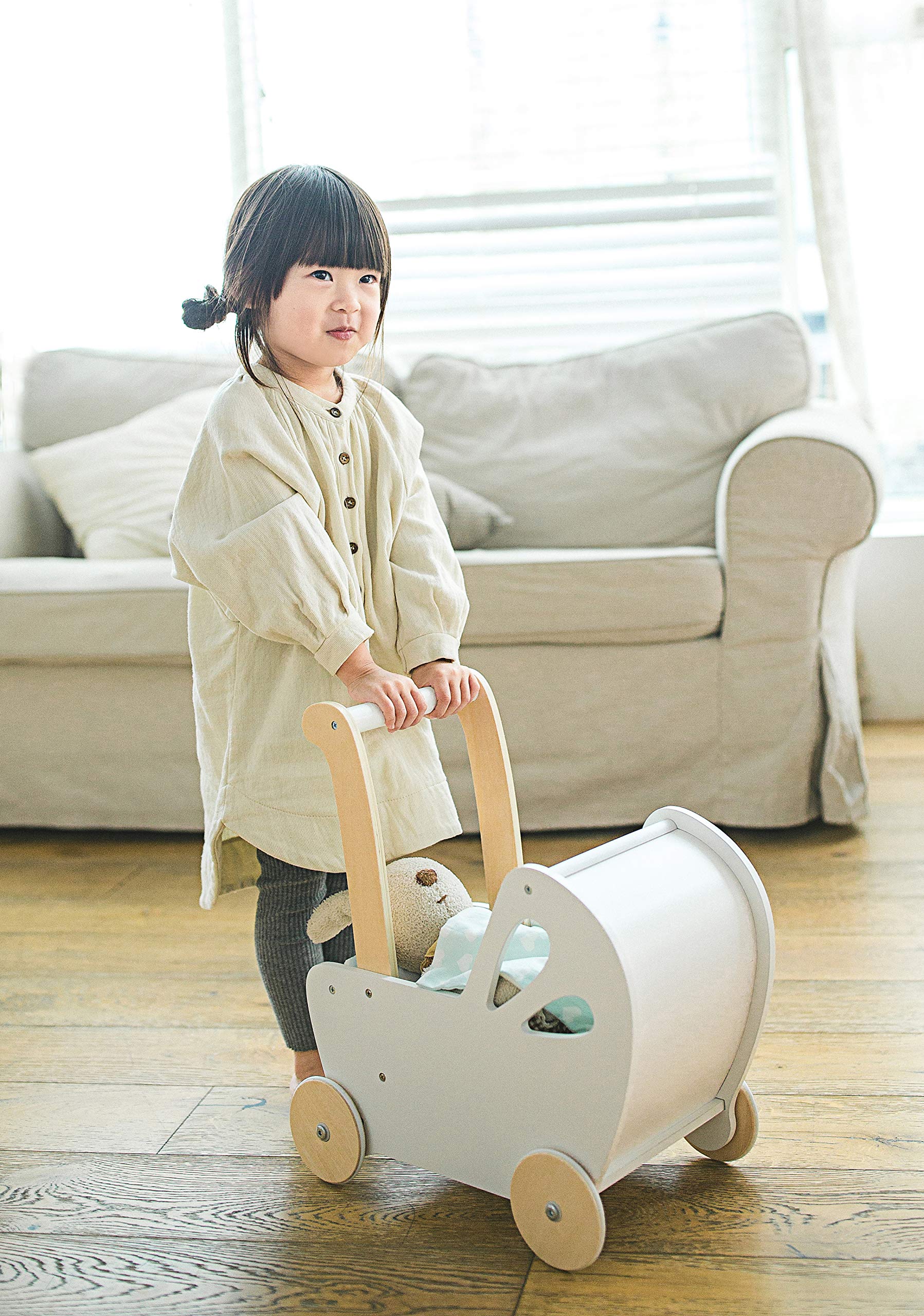 LINE Baby Doll Wooden Pram In White, Toddler Walking Toy