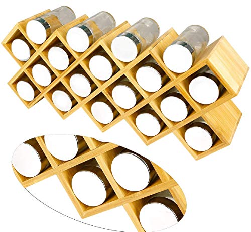 Criss-Cross 18-Jar Bamboo Countertop Spice Rack Organizer, Kitchen Cabinet Cupboard Wall Mount Door Spice Storage, Fit for Round and Square Spice Bottles, Free Standing for Counter, Cabinet or Drawers