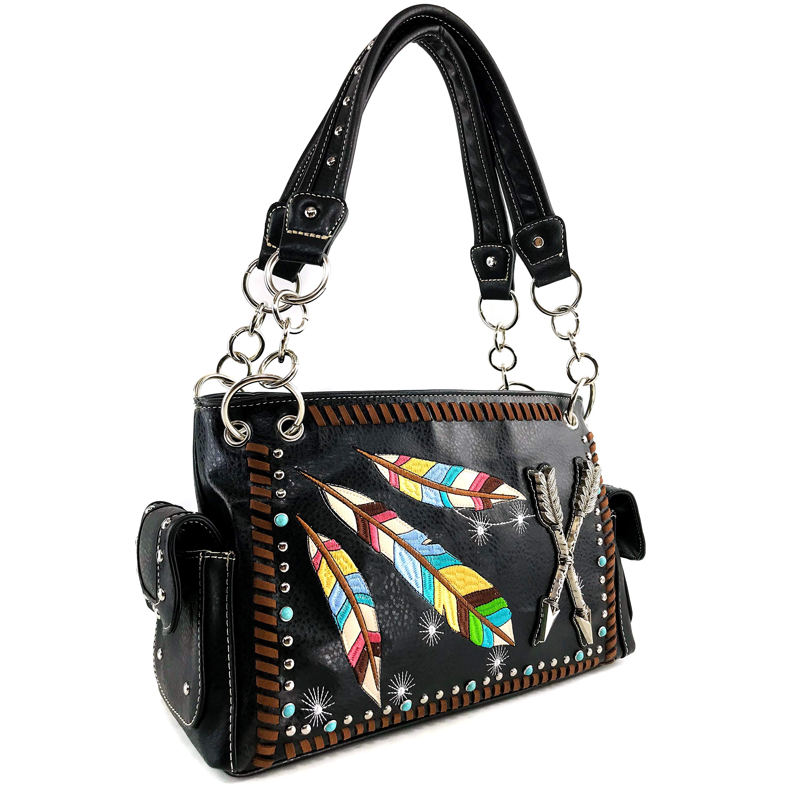 Native Color Feather Arrow Stud Weave Conceal Carry Shoulder Handbag Purse (Brown)