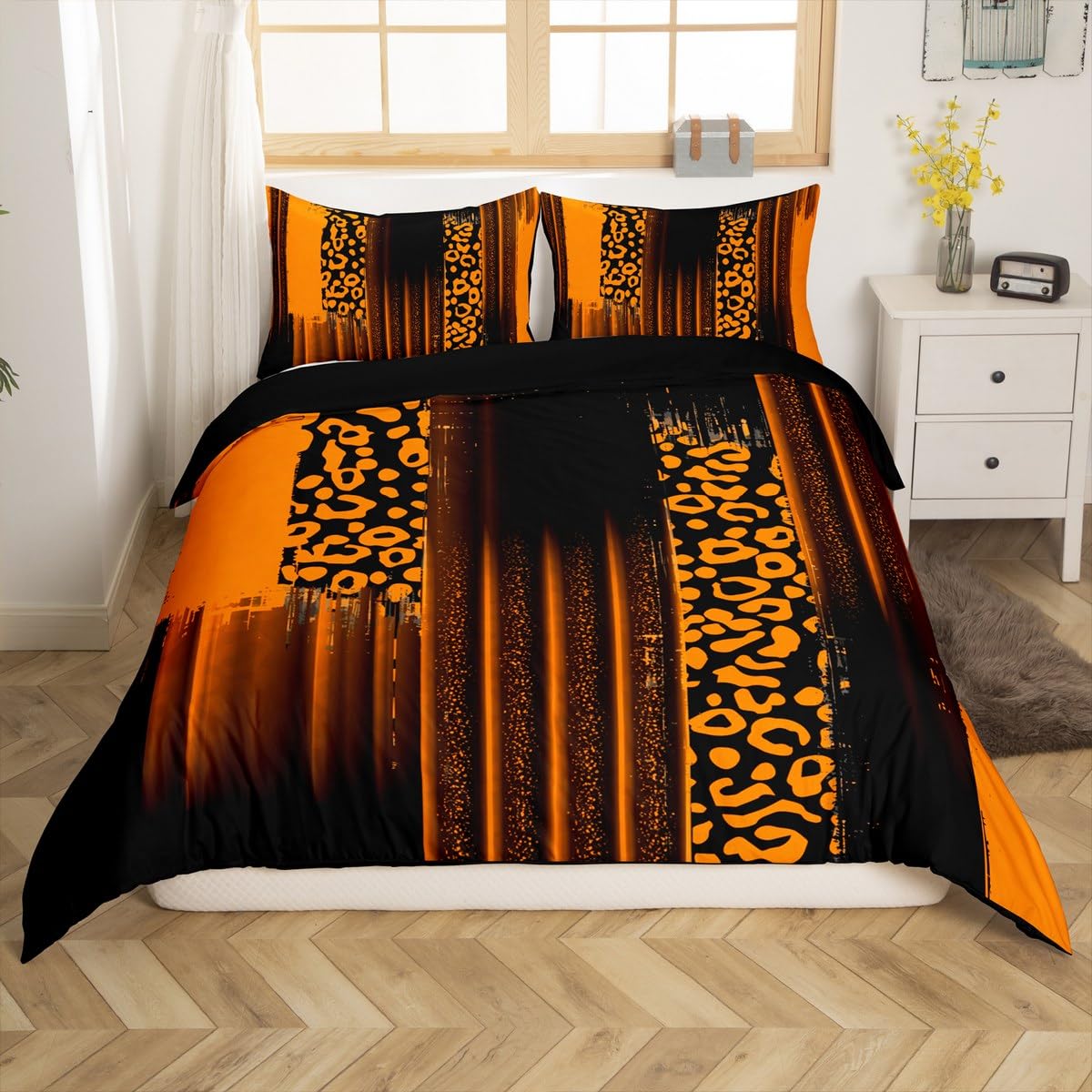 Feelyou Orange Black Reversible Bedding Set Queen Size Abstract Leopard Comforter Cover Set for Kids Adults Ombre Stripes Duvet Cover Modern Art Bedspread Cover Room Decor 3Pcs with 2 Pillow Case