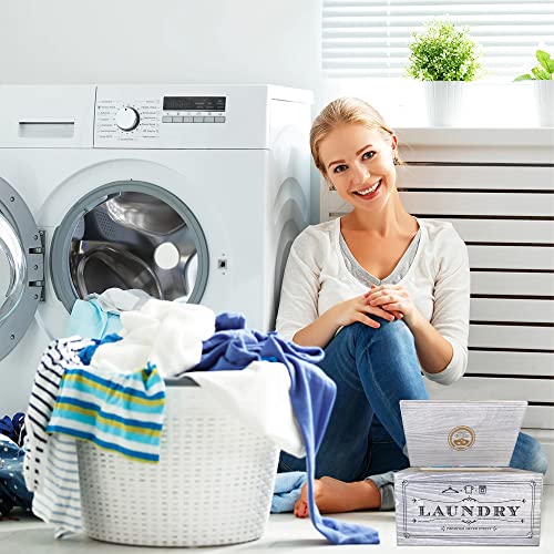 LUSAV Dryer Sheet Holder Dispenser with Hinged Lid for Laundry Room - Farmhouse Decor Dryer Sheets Container - with air Purifying Bag -Rectangular Box (Grayish-White) 7.9''x5''x4.2''