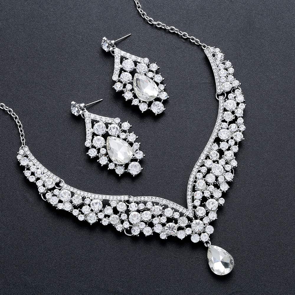 Hapibuy Crystal Bridal Wedding Necklace and Earrings Jewelry Set For Women and Brides