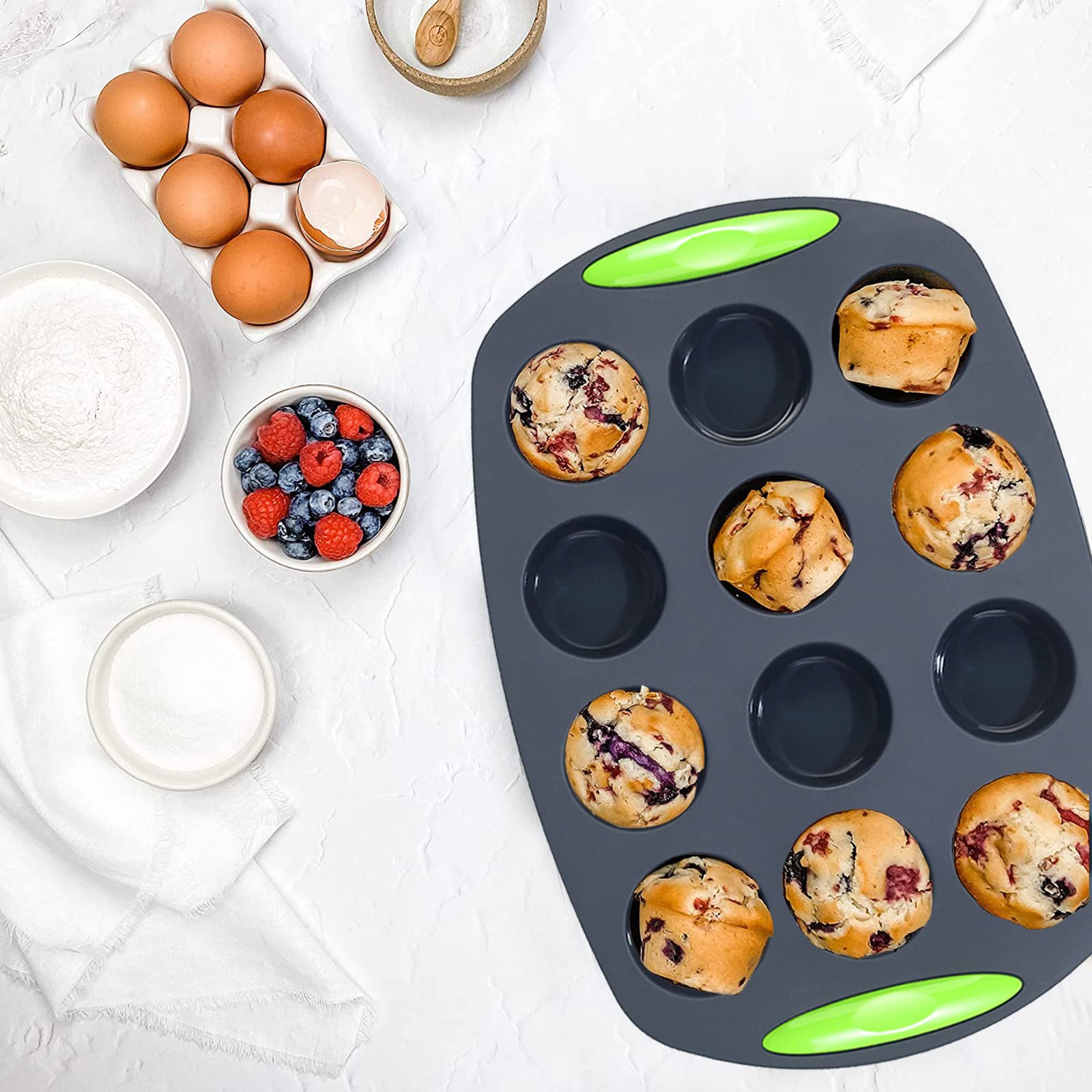 BesoAbrazo Silicone Muffin Pan 12 Cups Mini Size, Non-stick and Easy Pop Out Muffin Tin, Good Grip Perfect Result Cupcake Baking Tray, Egg Tart Bite Mini Pie Molds, Dark Grey