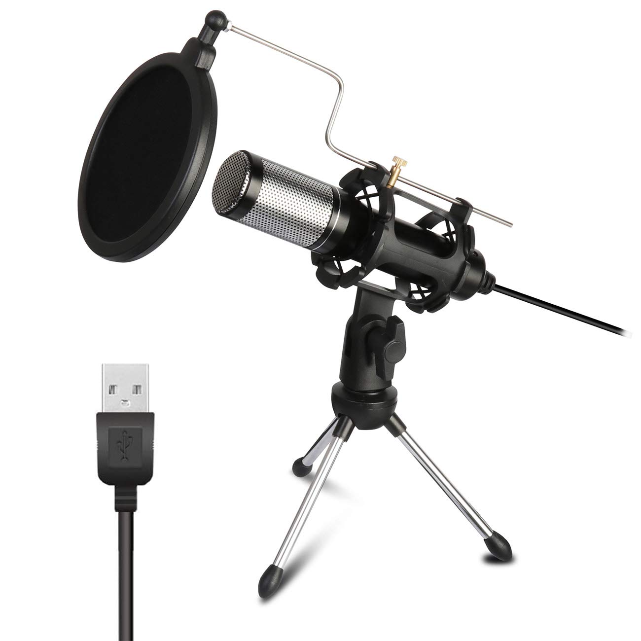 Bomaite Professional Microphone Condenser for Computer PC with USB Plug Stand YouTube Facebook Skype Games Broadcasting Recording Microphone Karaoke Mic