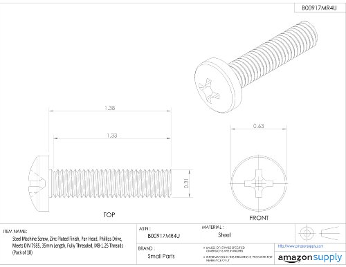 Small Parts Steel Machine Screw, Zinc Plated Finish, Pan Head, Phillips Drive, Meets DIN 7985, 35mm Length, Fully Threaded, M8-1.25 Metric Coarse Threads (Pack of 10)