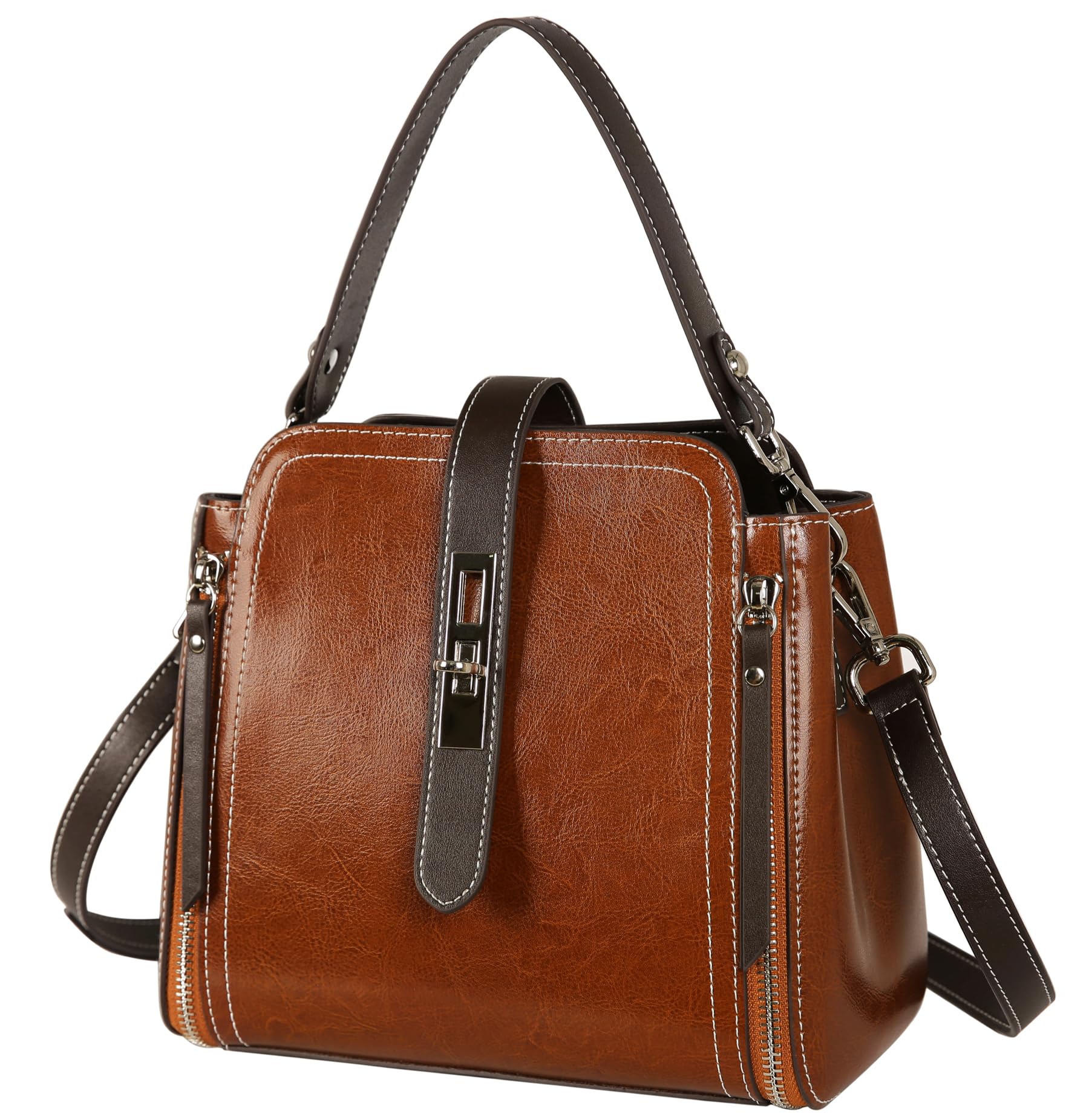 HESHE Leather Purses and Handbags Shoulder Bags Satchel Purses Ladies Pocketbook Bag Designer Crossbody Bags (Brown)