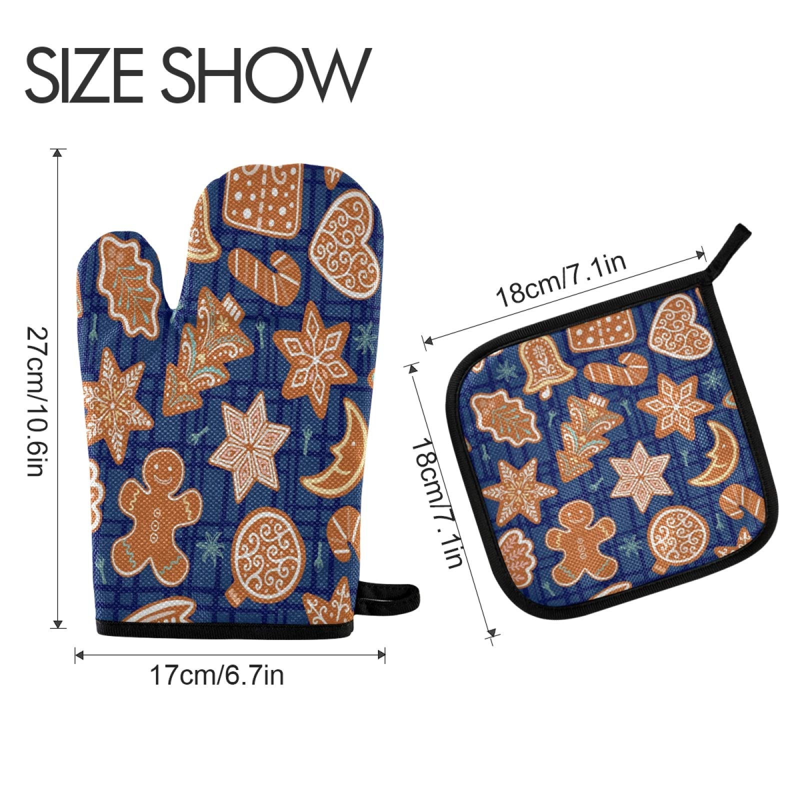 Blueangle Christmas Gingerbread Cookies Oven Mitts and Pot Holders Set, Heat Resistant Kitchen Gloves for Oven Cooking, Grill & BBQ | Cotton Lining Gloves with Hanging Loop