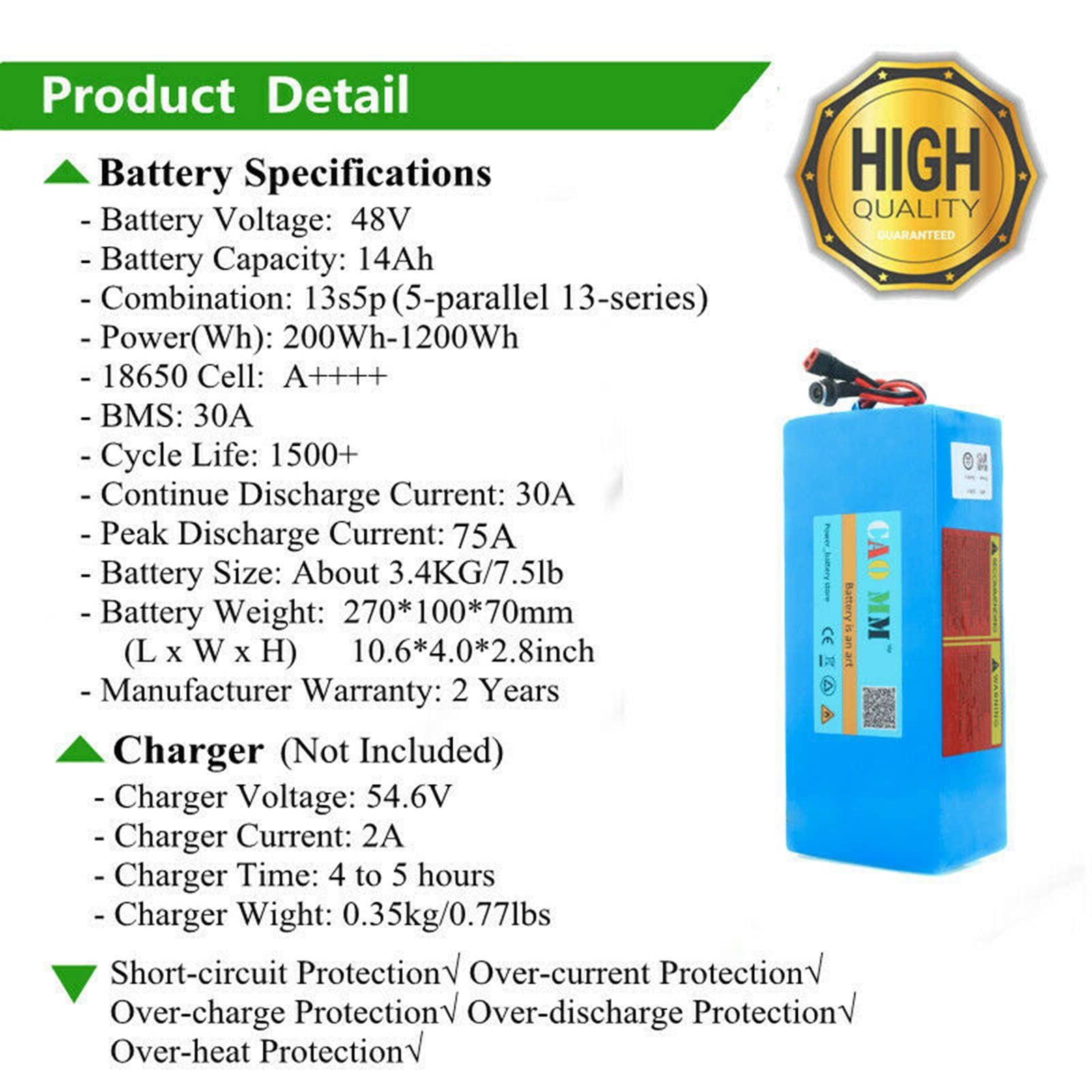 Cao MM 48V Battery, Ebike Battery, 48V/14AH 30amp Lithium Battery Pack Li ion Battery for 1200W Motor Electric Bike Bicycle Scooter