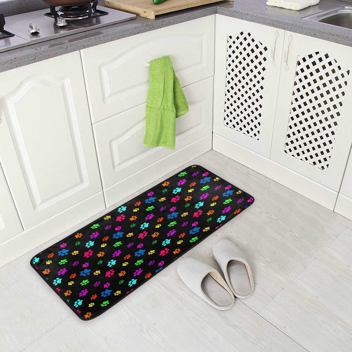 Blueangle Colorful Dog Paw Print Kitchen Rugs Microfiber Cushioned Mats Soft Non-Slip Kitchen Floor Mats Washable Comfort Doormats (20β x 39β)
