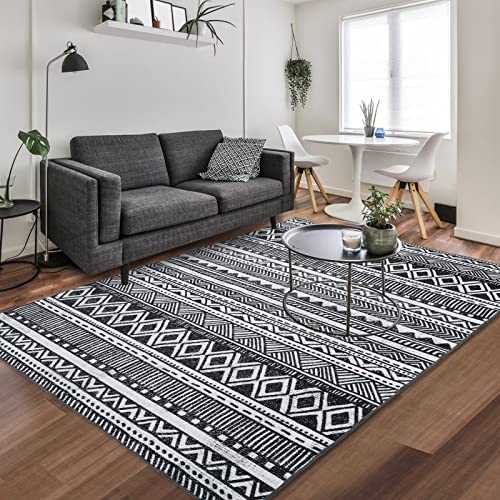 COZYLOOM Vintage Rug 5x7 ft, Boho Moroccan Geometric Area Rug Soft Chenille Indoor Floor Cover Chic Non-Shedding Living Room Bedroom Area Rug Anti-Slip Lightweight Throw Carpet Home Decor, Black